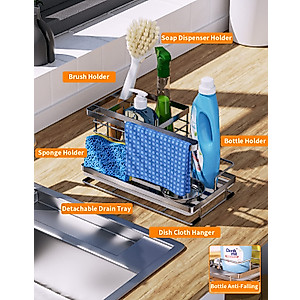 SWTYMIKI Kitchen Sink Caddy Organizer with Dishcloth Holder, Rustproof Stainless Steel Sponge Holder with Removable Drain Tray, Sink Rack Holds Sponge, Dishcloth and Brush in Silver