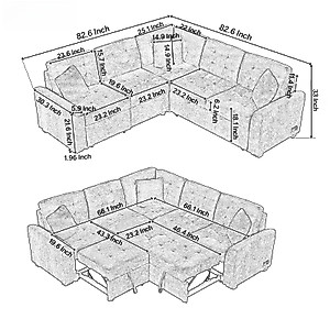 ChicFurnit 82.6-Inch L-Shape Sofa Bed with Pull-Out Sleeper & Wheels,Modular Couch with USB Ports & Power Sockets,Three Pillows with Removable Cover,for Living Room,Khaki