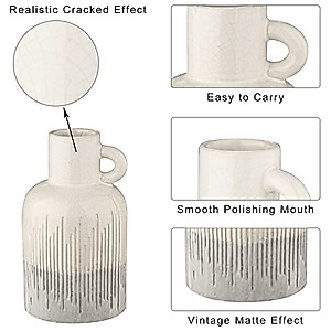 Decorative White Ceramic Vase Two-Tone Boho Flower Vase with Handle Pottery Bud Jug Vase for Flower Arrangement Glazed Rustic Farmhouse Floral Vase for Table Centerpieces