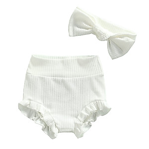 Mubineo Infant Baby Girl Basic Plain Cotton Ruffle Bloomer Shorts Headband Set (White, 6 Months)