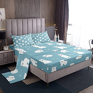 Erosebridal Polar Bear Sheet Set Twin Size White Bear Bed Sheets Animal Pattern Bear Printed Fitted Sheet Soft Microfiber Luxury Style Flat Sheet for Teens Kids Blue Animal Decor,Soft Cozy