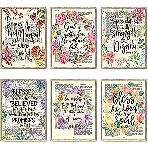 She Set of 6 - Proverbs 31:25, Esther 4:14, Psalm 46:5, Psalm 103.1, Luke 1:45, Psalm 112:7 Vintage Christian Bible Verse Page Art Prints, Unframed, Wall Art Decor Posters, 5x7 Inches