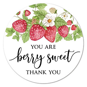 Strawberry Thank You Stickers, 2 Inch Sweet Baby Shower Birthday Party Favor Labels 40-Pack