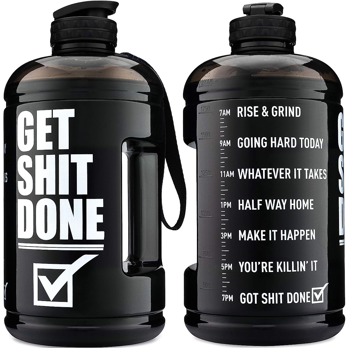 Get It Done, Half Gallon Water Jug with Time Marker Lines, 2.2L, 72oz BPA Free Large Bottle for Hydration Motivation with Straw and Shaker Spout