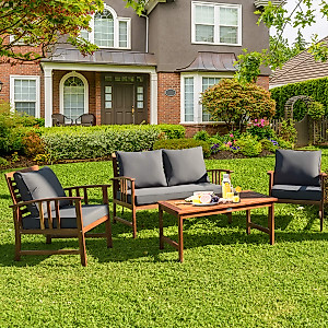 Tangkula 4 PCS Acacia Wood Patio Furniture Set, Outdoor Seating Chat Set with Gray Cushions & Back Pillow, Outdoor Conversation Set with Coffee Table, Ideal for Garden, Backyard, Poolside