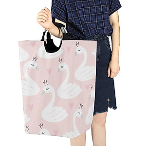 AGONA Cute White Swan Princess Pink Laundry Basket with Handles Large Storage Bin Collapsible Fabric Laundry Hamper Foldable Laundry Bag for Kids Room Toy Bins Gift Baskets Bedroom Baby Nursery