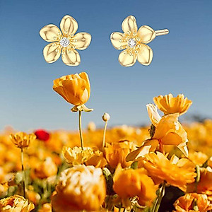 14k Gold Flower Stud Earrings for Women With Push Backs, Yellow Gold Blossom Flower Moissanite Earring, Anniversary Mothers Day Jewelry Gifts for Mom/Wife/Friend