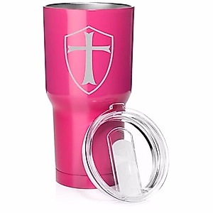 Smooth Body Tumbler Stainless Steel Vacuum Insulated Travel Mug Cup Gift Templar Shield Knight Cross (Hot Pink, 30 oz)