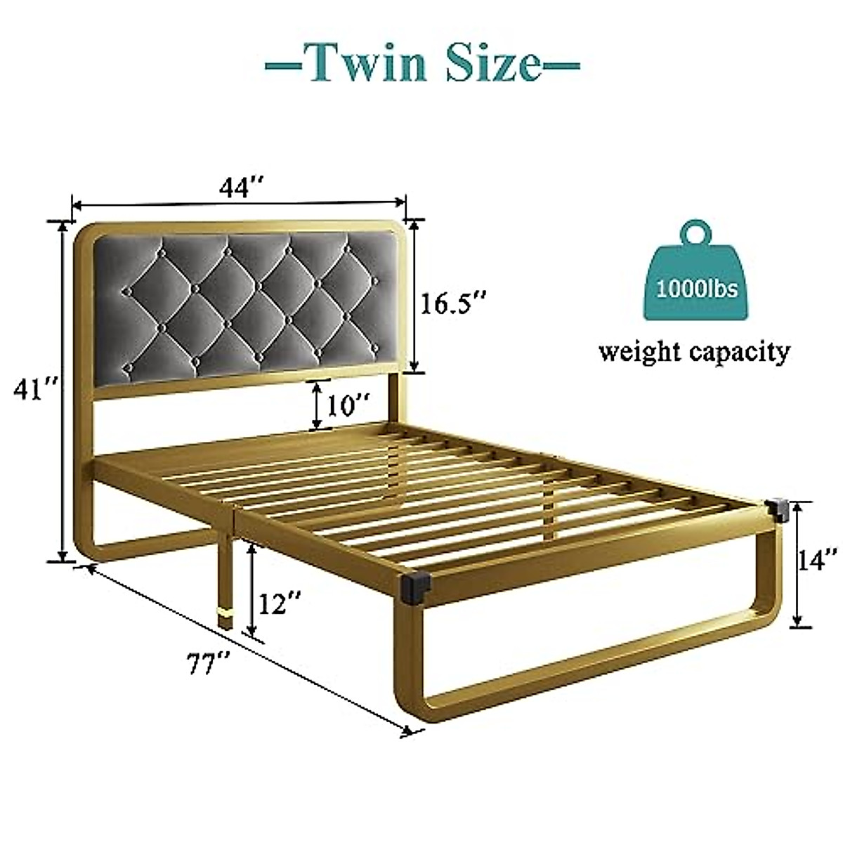 iPormis Twin Size Metal Bed Frame with Velvet Button Tufted Headboard, Curved Platform Bed Frame, Thicker Metal Steel Slats Support, 12'' Under-Bed Space, Noise-Free, Easy Assembly, Gold & Grey