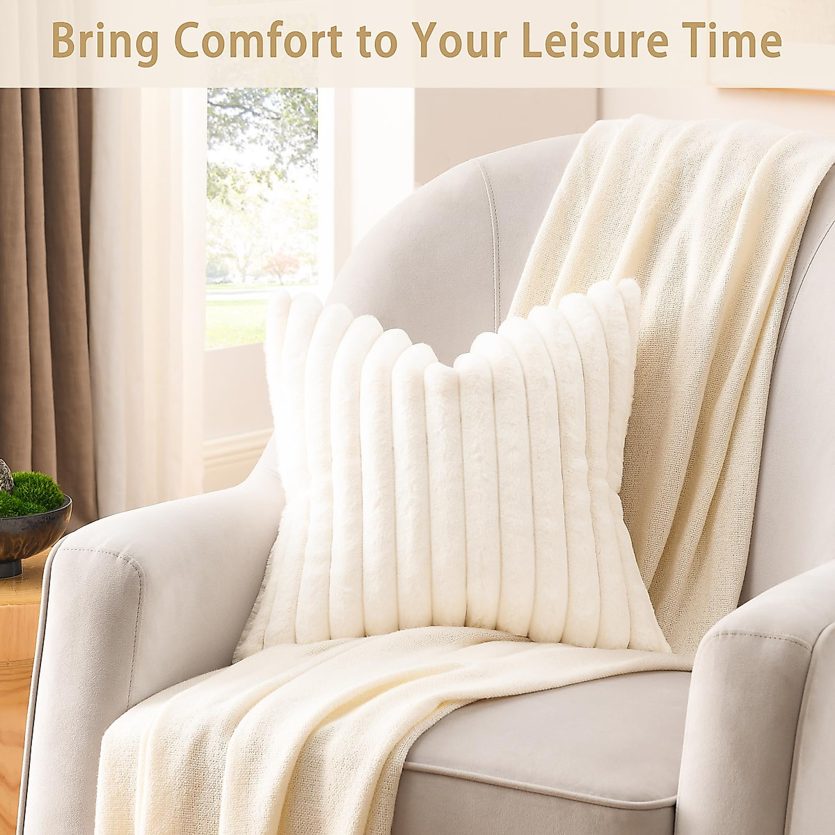 Volcanics Pack of 1 Double-Sided Faux Fur Plush Decorative Throw Pillow Covers 20x20 Inches Soft Fluffy Striped Couch Pillow Cases, Cream White