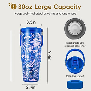 VUSIGN 30 oz Tumbler with Handle and Flip Straw, Stainless Steel Vacuum Insulated Water Bottle Travel Mug Thermal Cup for Home, Office, Car, Outdoors, Sports, Pool Swirl