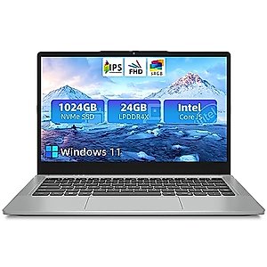 jumper 14" Laptop, 24GB LPDDR4X RAM, 1024GB NVMe SSD, 3.6GHz Intel Core i5 CPU, Full HD IPS Display, Windows 11 Laptops Computer with 4 Stereo Speakers, USB3.0*3, Type-C, Cooling Fan, 51.3WH, Metal.