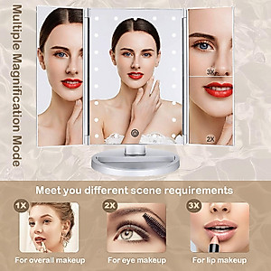 Flymiro Tri-fold Lighted Vanity Makeup Mirror with 3x/2x/1x Magnification, 21Leds Light and Touch Screen,180 Degree Free Rotation Countertop Travel Cosmetic Mirror (White)
