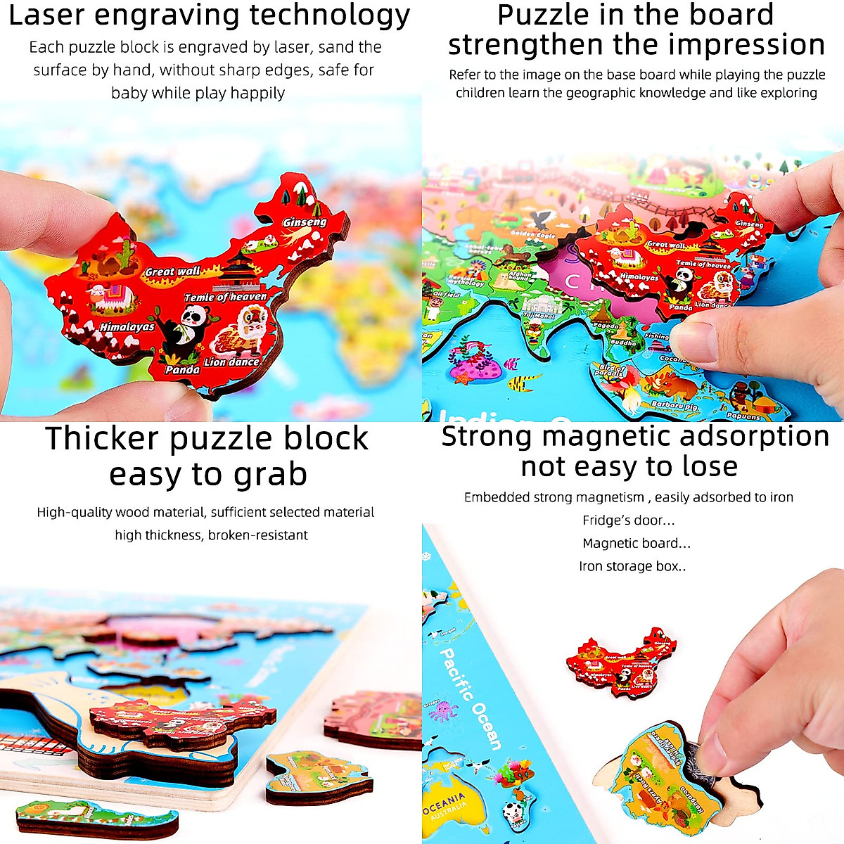 ExBePe Genuine Magnetic Wooden World Map Puzzle,92 Country Flash Cards,National Flags Introduction,Preschool Learning Education Geography Toy for Kid Ages 3+