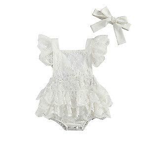 Newborn Baby Girl Romper Lace Tutu Dress Bodysuit Ruffle Sleeveless Jumpsuit with Headband Summer Outfits (White, 0-6 Months)