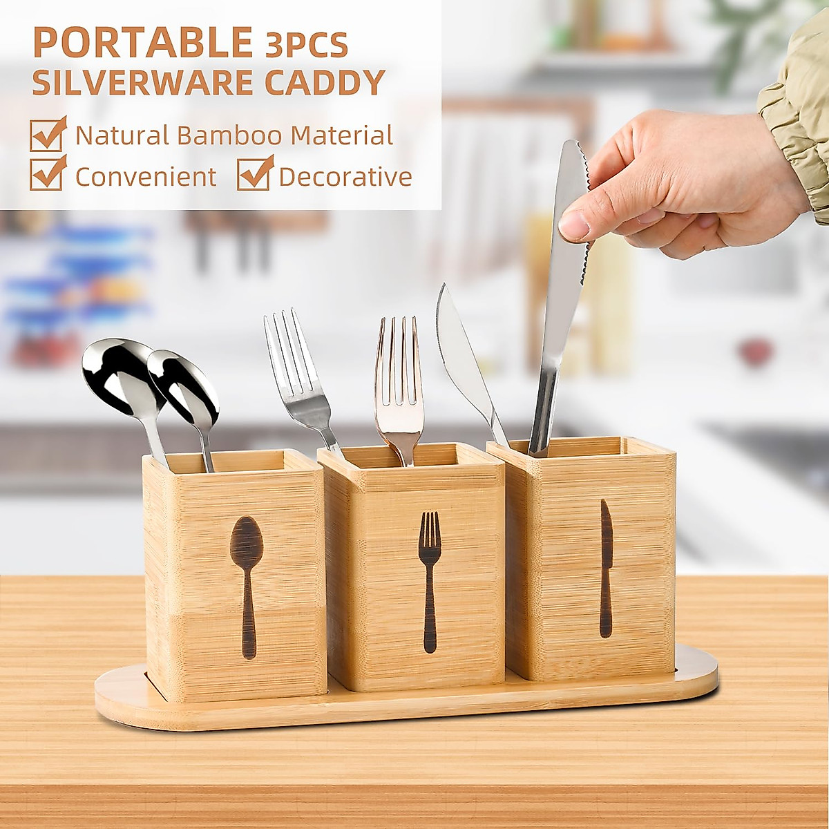 GEHE Silverware Caddy for Countertop, Natural Bamboo Utensil Caddy for Parties, Utensil Holder with 3 Compartment, Silverware Organizer Storage Containers for Spoons, Forks and knives