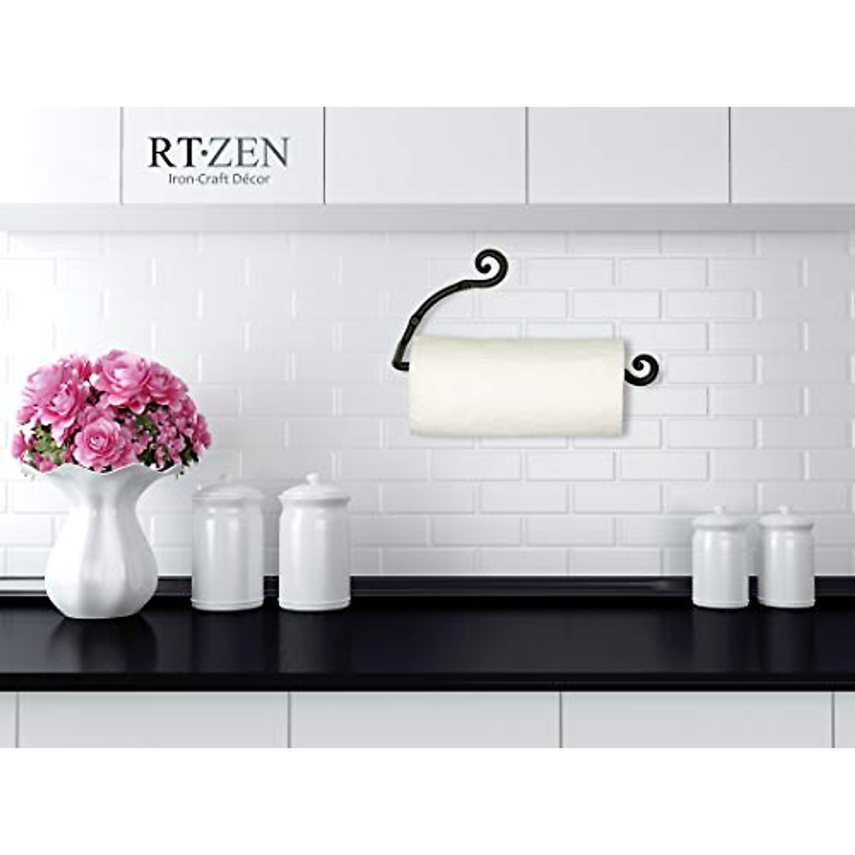Wall Paper Towel Holder | Black Decorative Wrought Iron Hanger | Wall Mount Fancy Paper Dispenser | Rod Metal Durable & Sturdy | Handmade Crafted by RTZEN-Décor