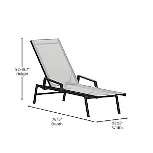 Flash Furniture Brazos Adjustable Chaise Lounge Chair with Arms, All-Weather Outdoor Five-Position Recliner, Black/Gray