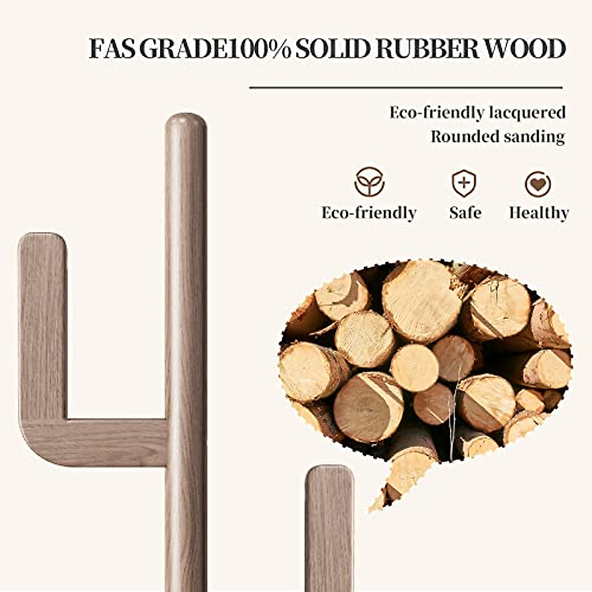 KASLANDI Coat Rack,Unique Design Cactus Coat Rack Freestanding，FAS Grade Rubber Wood,Adjustable Height Wooden Coat Rack Stand with 6 Hooks, Coat Tree Easy to Assemble (Walnut)