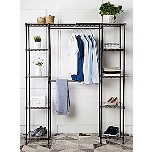 Amazon Basics Expandable Metal Hanging Storage Organizer Rack Wardrobe with Shelves, 14"-63" x 58"-72", Bronze & Collapsible Fabric Storage Cubes Organizer with Handles, Beige - Pack of 6