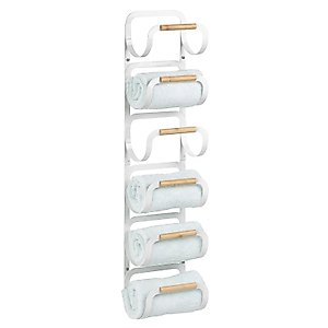 mDesign Wall Mount Towel Storage Rack for Bathroom - 6-Tier Hanging Organizer Mounted Holder Shelf for Multiple Bath Towels or Robes - Steel Metal and Wood - Yami Collection - Matte White/Natural