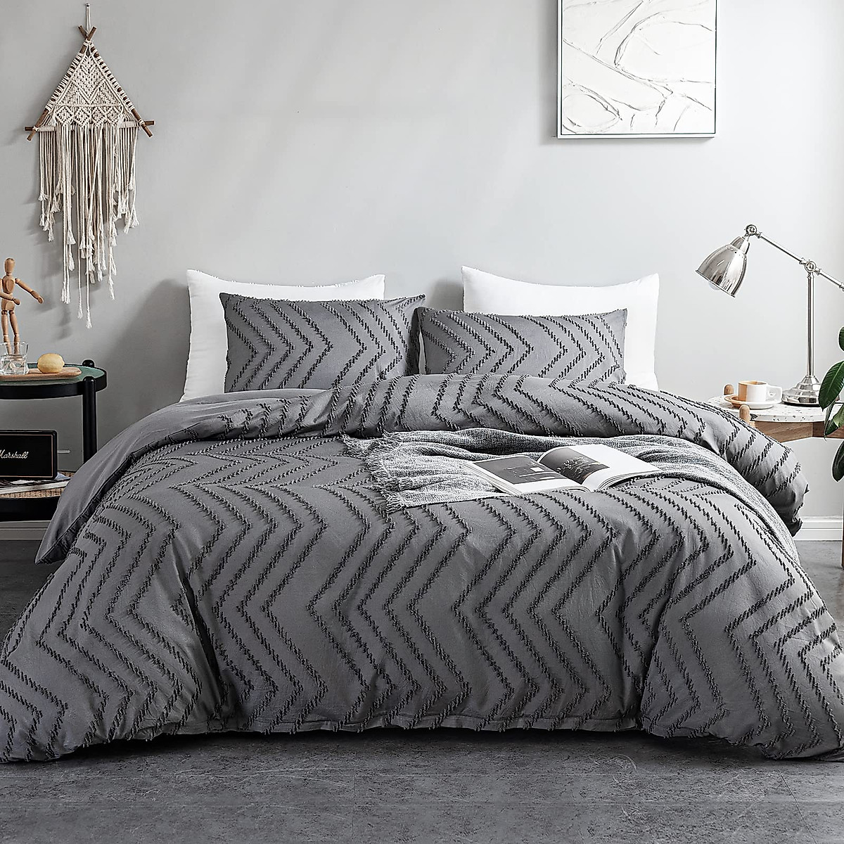 WARMDERN Boho Duvet Cover Set, Tufted Bedding Duvet Covers Soft Washed Microfiber Duvet Cover Twin Size, 2 Pieces Embroidery Shabby Chic Duvet Cover with Zipper Closure(Grey, Twin)