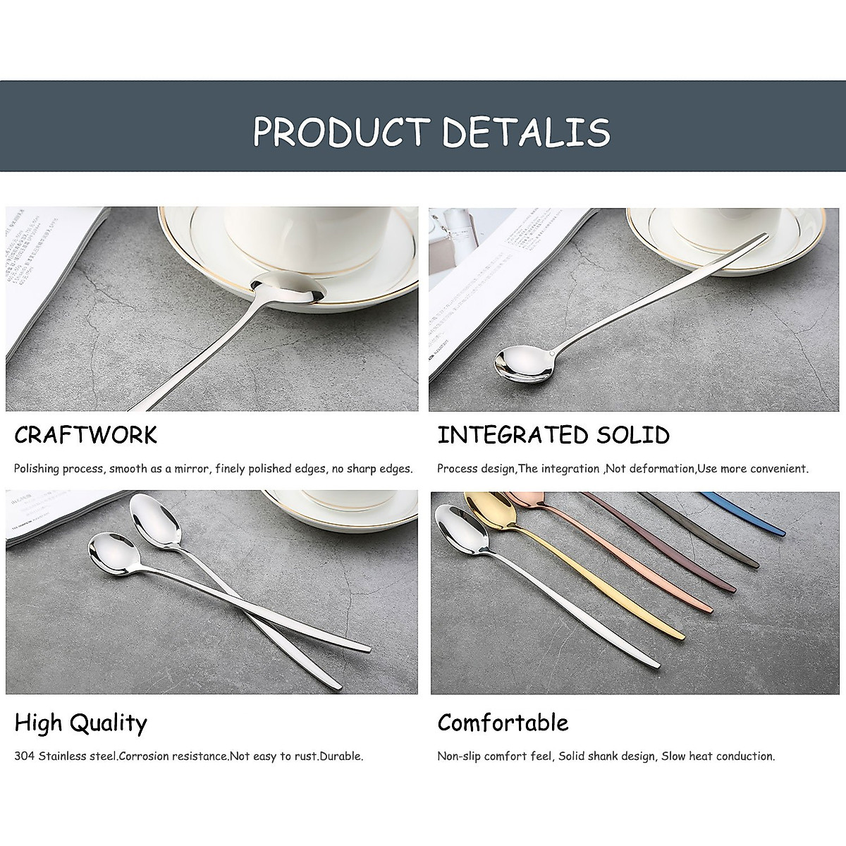 Long Handle Spoon, Circular spoon,Delicate Elegance Stainless Steel Spoon Set,Mixing Spoon,Ice Cream Spoon,Long Spoon Iced Tea Spoon, Coffee Spoon,Dessert Spoon,Milkshake Spoon,Set of 6(Ice spoo