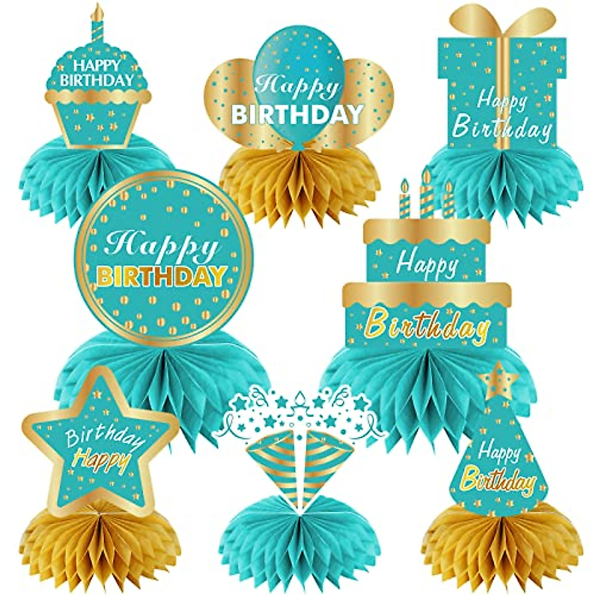 Teal and Gold Birthday Decorations Honeycomb Centerpiece for Women Girls, 8Pcs Breakfast Blue Gold Happy Birthday Table Centerpiece Party Supplies, 16th 21st 30th 40th 50th Birthday Table Topper Decor