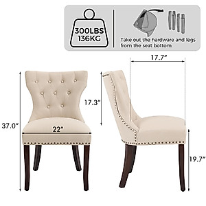 LSSBOUGHT Set of 2 Fabric Dining Chairs Leisure Padded Accent Chairs with Brown Solid Wooden Legs Nailed Trim 300 LBS Weight Capacity, Tan