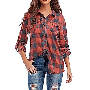 Women Cuffed Long Sleeve Boyfriend Button Down Plaid Flannel Shirt
