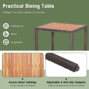 Tangkula 3 Pieces Patio Furniture Set, Outdoor Mix Brown Wicker Dining Set w/Acacia Wood Top Table, Comfortable Cushioned Chairs, Space-Saving Rattan Conversation Set for Garden, Backyard, Porch