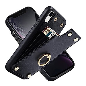 LAMEEKU Wallet Case for iPhone XR, Finger Kickstand Ring Holder Leather Case with Card Holder Slot Money Pocket 360°Rotation Metal Ring Grip Stand Cover for Apple iPhone XR 6.1''-Black