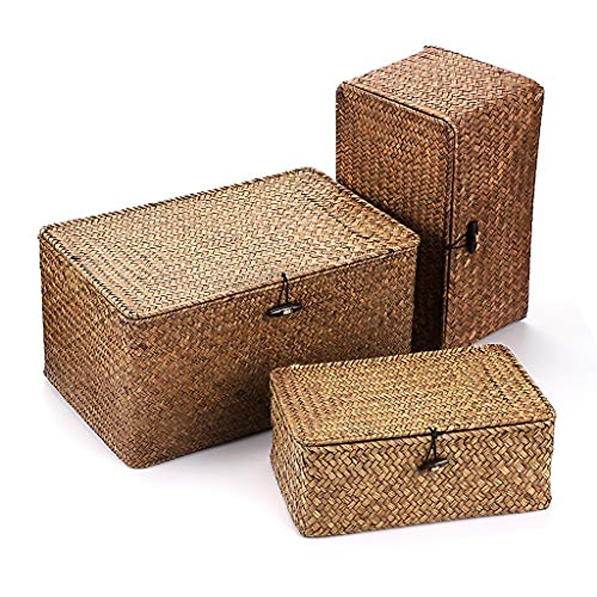 Hipiwe Set of 3 Natural Seagrass Storage Baskets with Lid - Large Handwoven Wicker Storage Bins Rectangular Household Organizer Boxes Shelf Wardrobe Organizer, Coffee