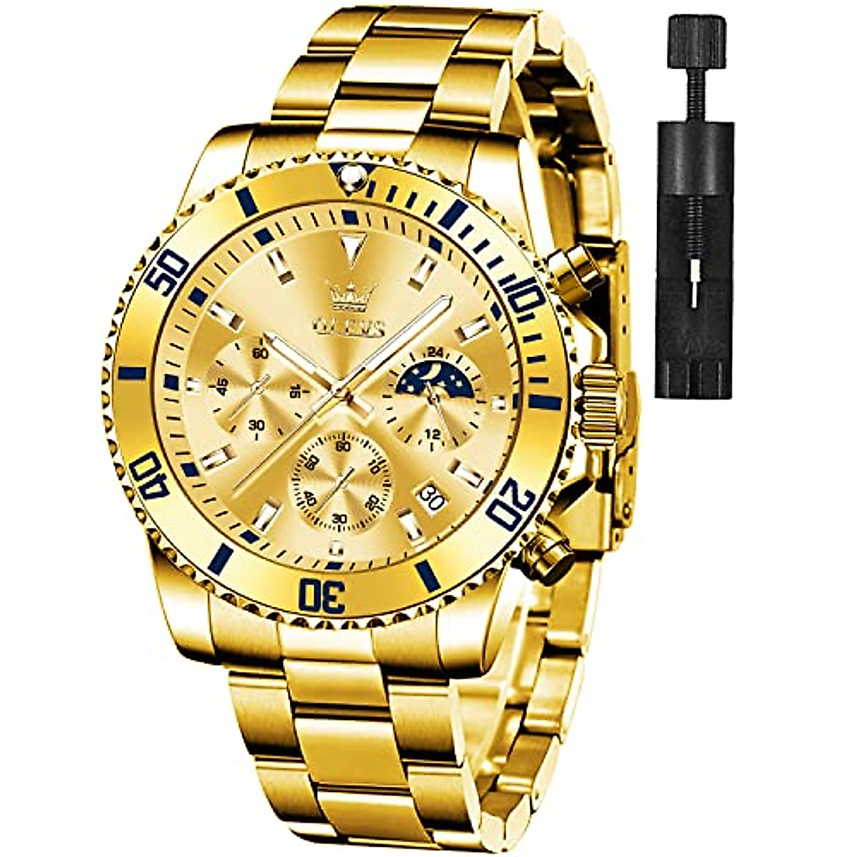 OLEVS Gold Watch for Men Classic with Date Business Dress Luxury Big Face Male Watch Waterproof Luminous Pro Diver Mens Wrist Watch Analog Two Tone Stainless Steel Multifunction Watch