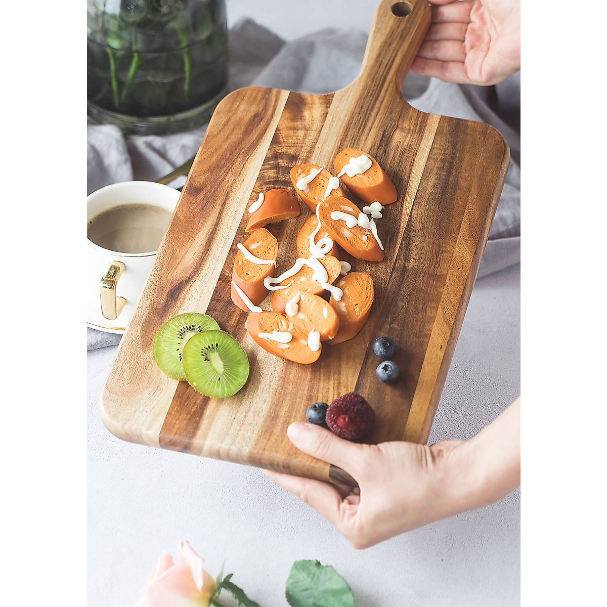 16" x 8.6” Acacia Wood Cutting Board - Wooden Kitchen Cutting Boards for Meat, Cheese, Bread,Vegetables &Fruits, Wooden Spoons for Cooking 4-Piece Beech Wood Utensil Set