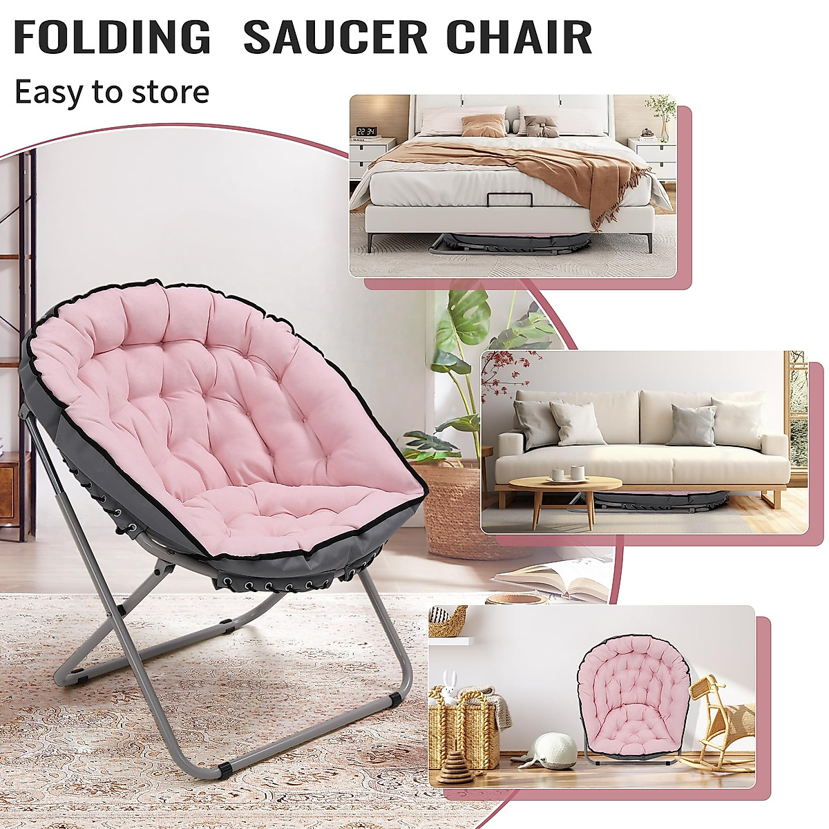 KROFEM Folding Saucer Chair for Living Room, Cozy Round Dish Circle Chair, Ideal for Bedroom, Small Spaces, Lounge, Dorm, Reading, Pink