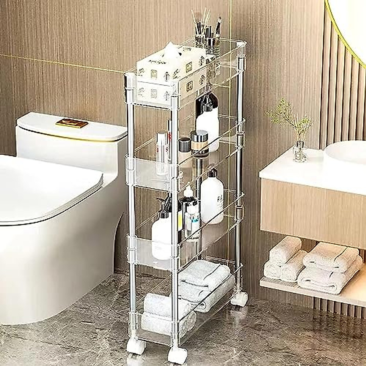 DARZYS Rolling Cart Storage cart 4-Tier Slim Corner Shelves Clear Acrylic Storage Rolling Cart with Wheels Multipurpose Shelf Display Rack 14.6" Lx5.1 Wx34.8 H