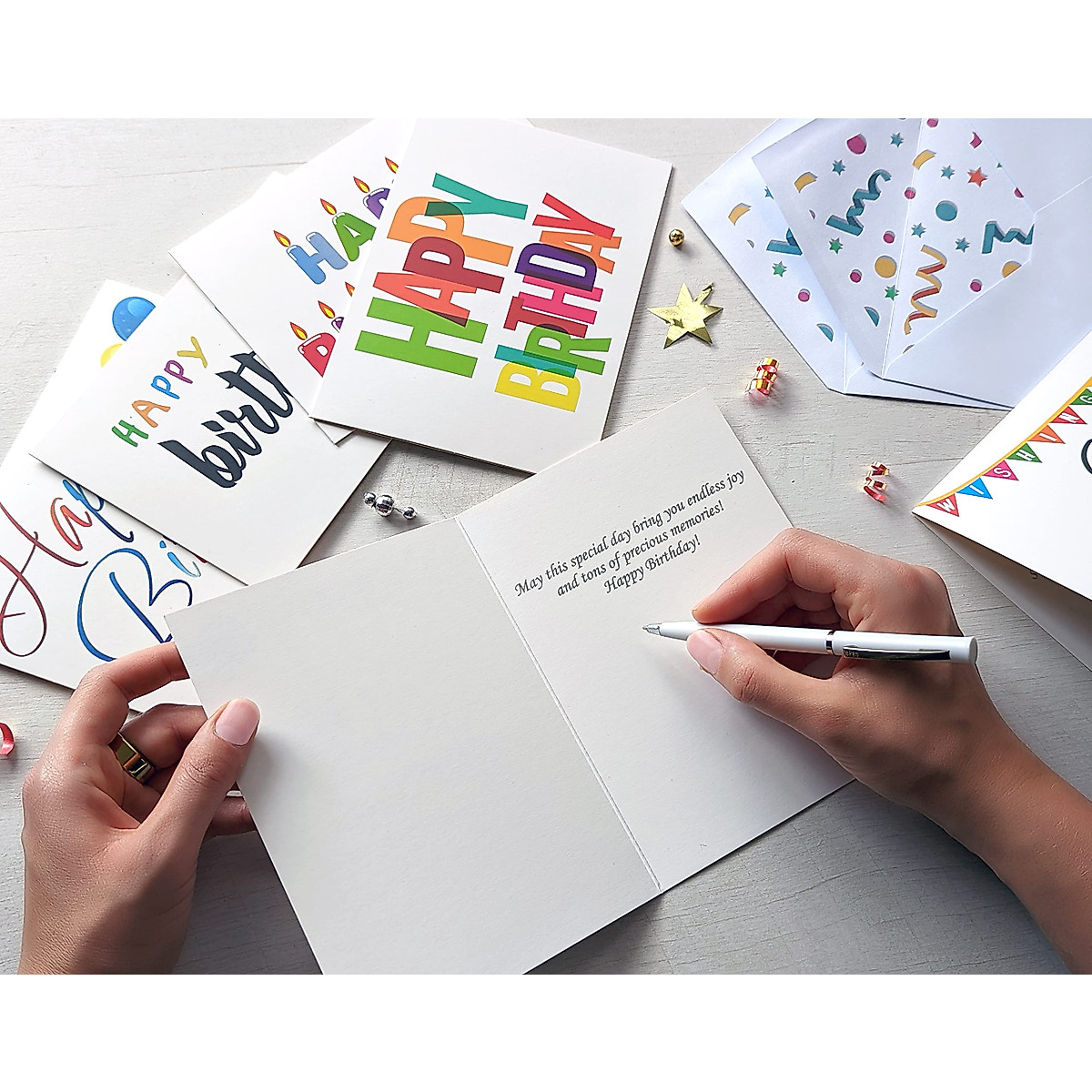 100 Happy Birthday Cards Bulk, Large 5x7 Inch Assorted, with Envelopes ,Stickers and Simple Greetings Inside , 10 Unique Designs, Thick Card Stock Box Set