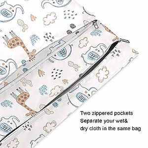 SDMKA 2Pcs Wet Dry Bag for Baby Cloth Diapers Cute Elephants Reusable Waterproof Wet Bag with Two Zippered Pockets for Travel Beach Pool