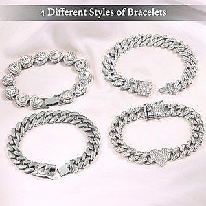 shopbyskyler 4PCS Gold Bracelets for Women Silver Clustered Tennis Bracelet for Women Heart Round Diamond Cuban Bracelet Layered Link Bracelet Set Fashion Jewelry for Women Gift Set (Silver-2, 8inch)