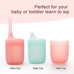 Mengdababy Straw Sippy Cup for Baby 6 Months+, Silicone Transition Sippy Cups for Toddler, Spill Proof See-thru Babies Cup, 100% Food Grade with No Fillers, BPA Free, Blue Pink