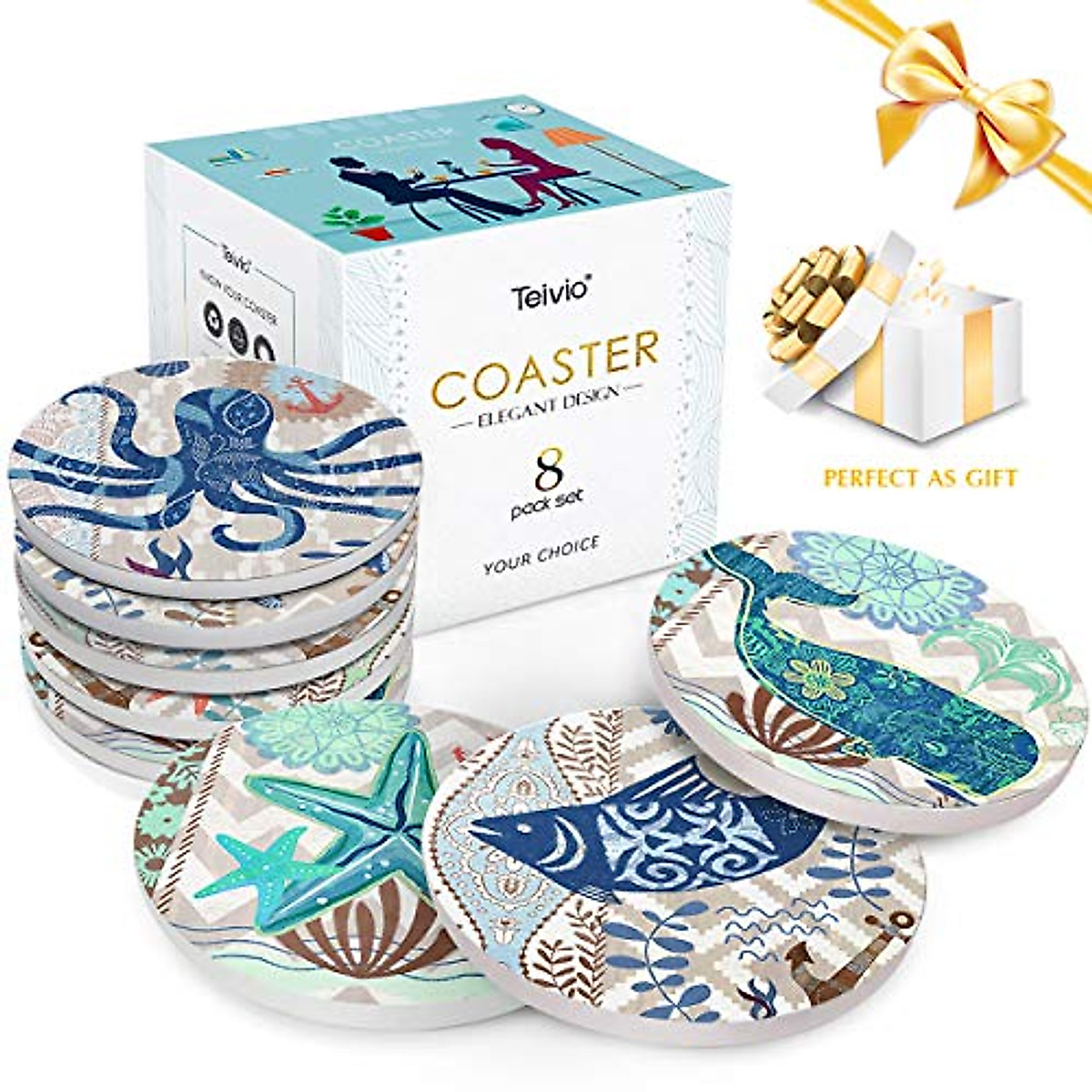 Coaster for Drinks by Teivio, Absorbing Stone Sea Ocean Life Paint- Cork Base, with Holder, Coastal Decor Beach Themed Tropical , for Housewarming Bar Decor, Set of 8