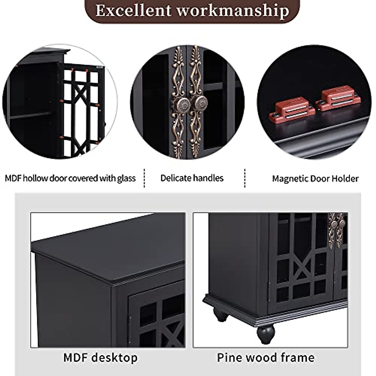 P PURLOVE 60" Long Wood Storage Cabinet with Adjustable Height Shelves,Sideboard Table Cabinet with Metal Handles and 4 Doors for Living Room, Bedroom, and Hallway,Black