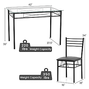 NAFORT 5-Piece Dining Table Set for 4, Modern 3/8’’ Tempered Glass Kitchen Room Table with 4 Upholstered Dining Chairs, Space-Saving Dinette Tables with Metal Frame for Apartment, Office