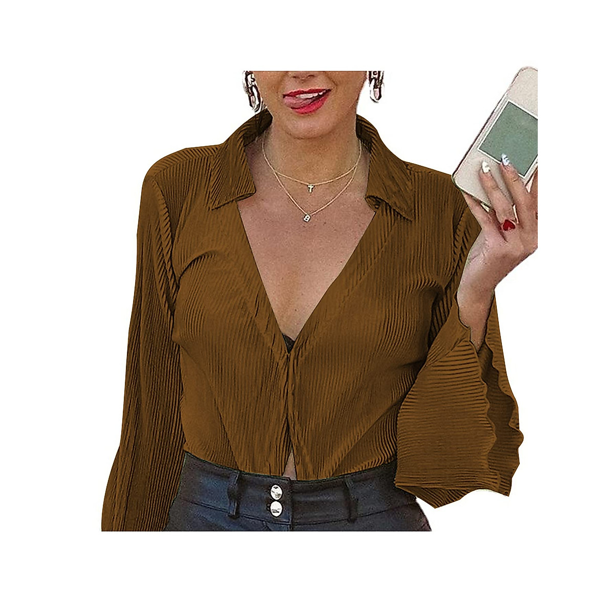 LYANER Women's Deep V Neck Button Front Bell Long Sleeve Blouse Shirt Top Brown Small