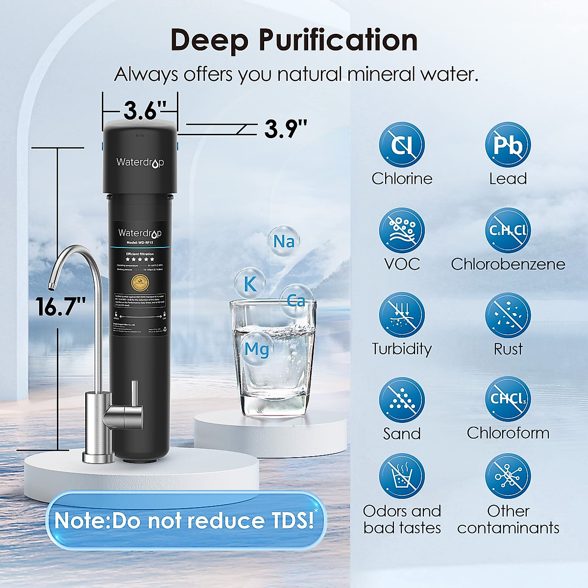 Waterdrop 15UB Under Sink Water Filter, Under Sink Water Filtration System for 2 Years, NSF/ANSI 42 Certified, Reduces PFAS, PFOA/PFOS, Lead, Under Sink Water Filter with Faucet, 16K Gallons