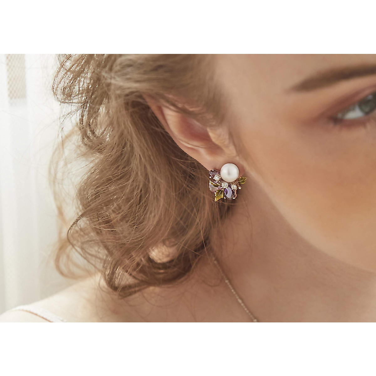 Anthia Jewelry Womens Sterling Silver Sparkling Multicolor Cubic Zirconia Gemstone Floral Flower White Imitation Pearl Cute Fashion Jewelry Accessory French Back Stud Earrings, Purple & Pink