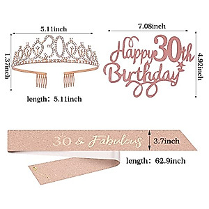 DASIGJID 30th Birthday Crown & Sash for Women, Rose Gold Birthday Sash and Tiara for Women Girls, Princess Queen Crowns Headbands for Hair Accessories Decor, Happy Birthday Party Decorations Gifts
