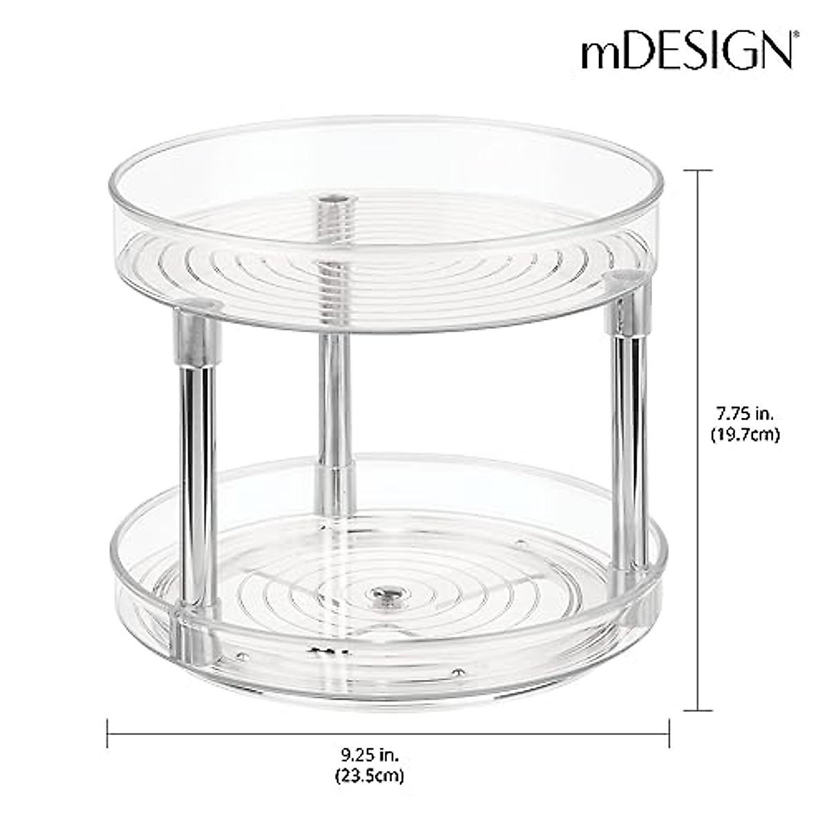 mDesign 2-Tier Lazy Susan Makeup Organizer - 9-Inch Lazy Susan Turntable Organizer for Bathroom Counter, Cabinets, Vanity - Bathroom Lazy Susan for Cosmetics Storage - Ligne Collection, Clear/Chrome