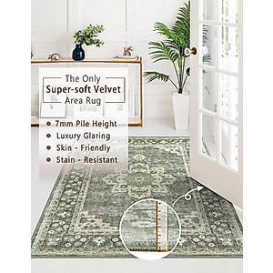 Poeti Washable Rug, Ultra Thin 4x6 Rug - Non Slip Carpet - Small Area Rugs for Living Room Entryway Rug - Vintage Floral Rug, Green Rug